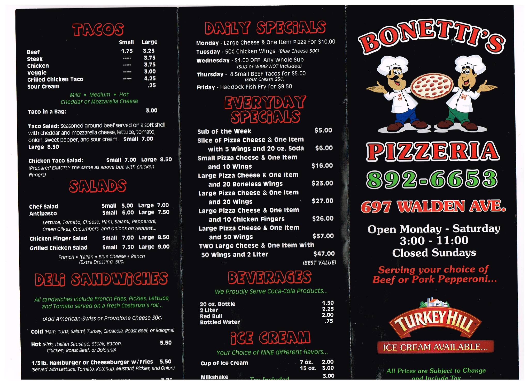 Menu at Bonetti's Pizzeria, Buffalo, 697 Walden Ave