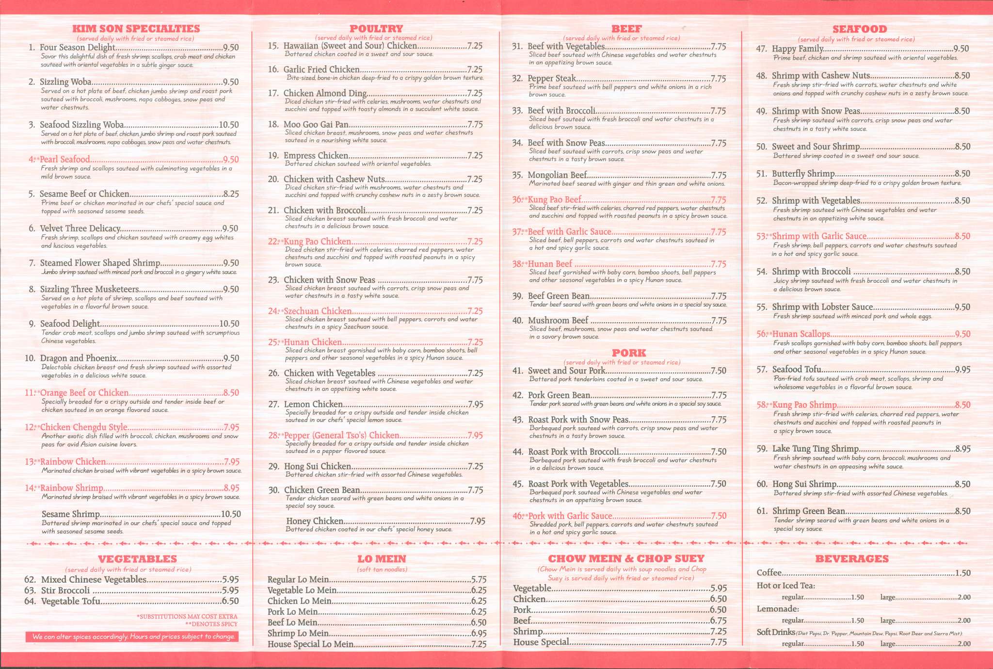 Menu at Kim Son restaurant, Yukon