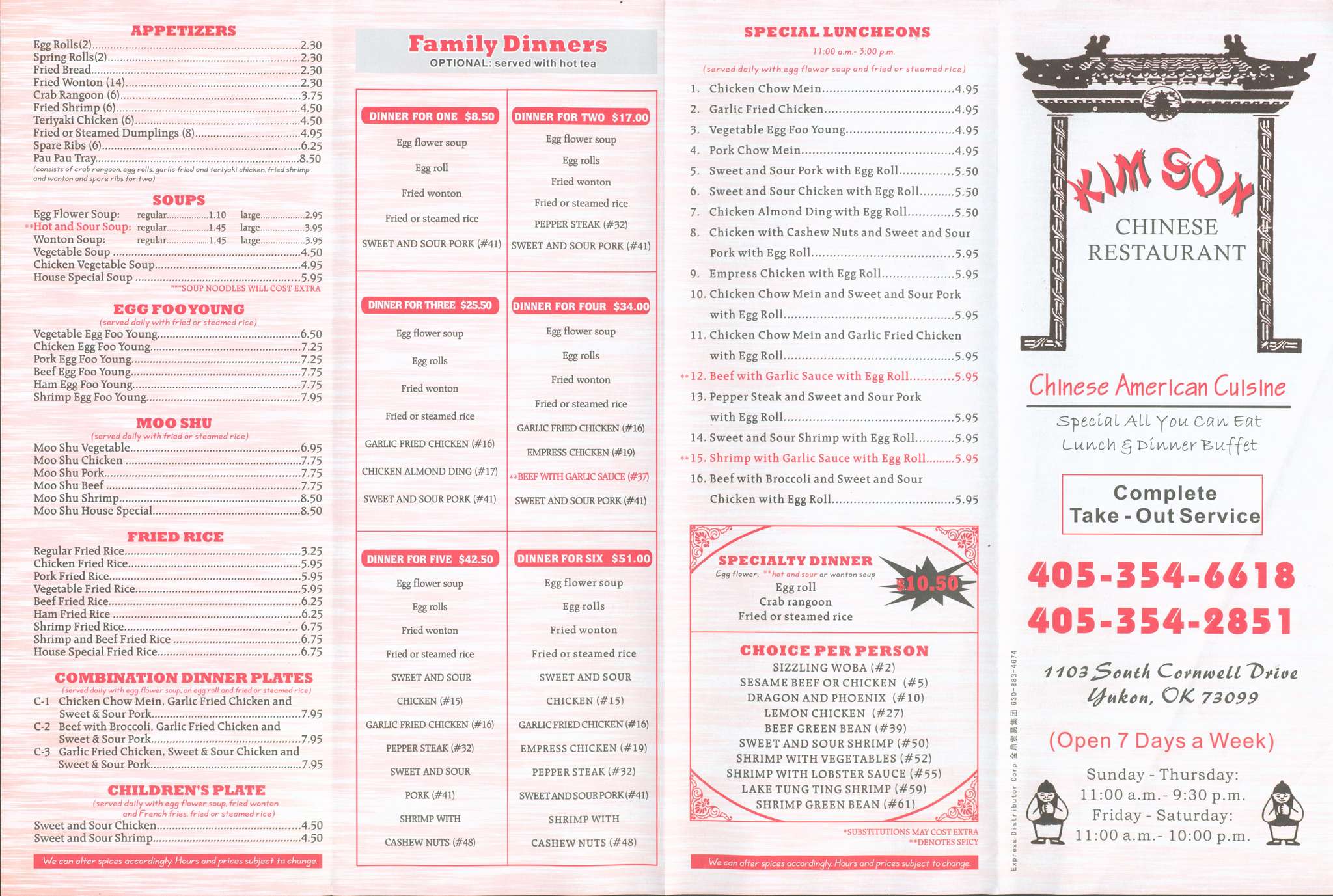 Menu at Kim Son restaurant, Yukon