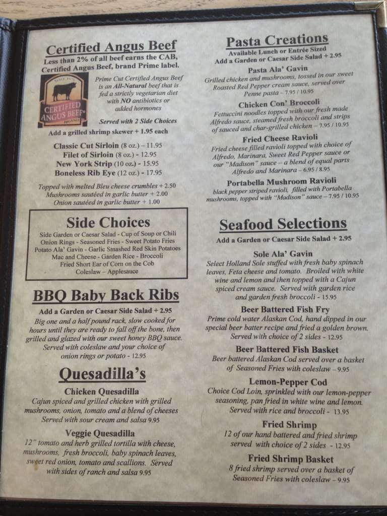 Menu at Gavins Grill pub & bar, New Philadelphia