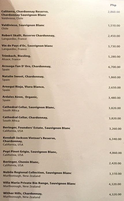 Menu at UNO restaurant, Cebu City, 1 Salinas Dr