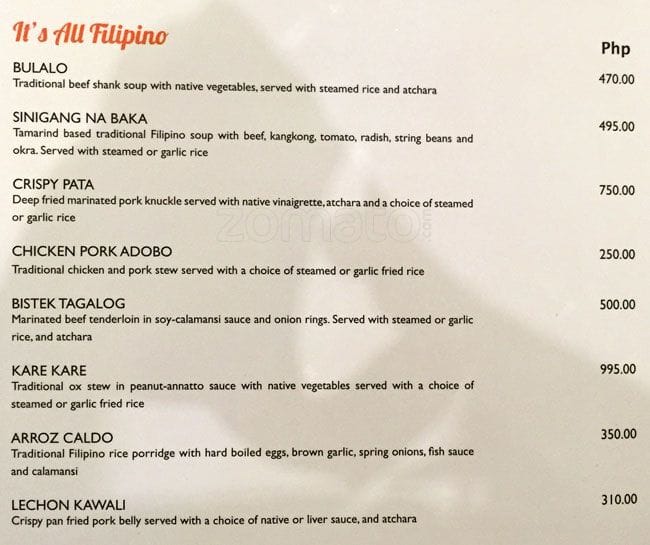 Menu at UNO restaurant, Cebu City, 1 Salinas Dr
