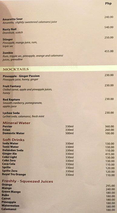 Menu at UNO restaurant, Cebu City, 1 Salinas Dr