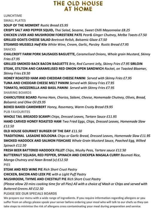Menu at Old House pub & bar, Romsey