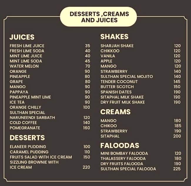 Menu of Sulthan Veedu, Aluva, Kochi
