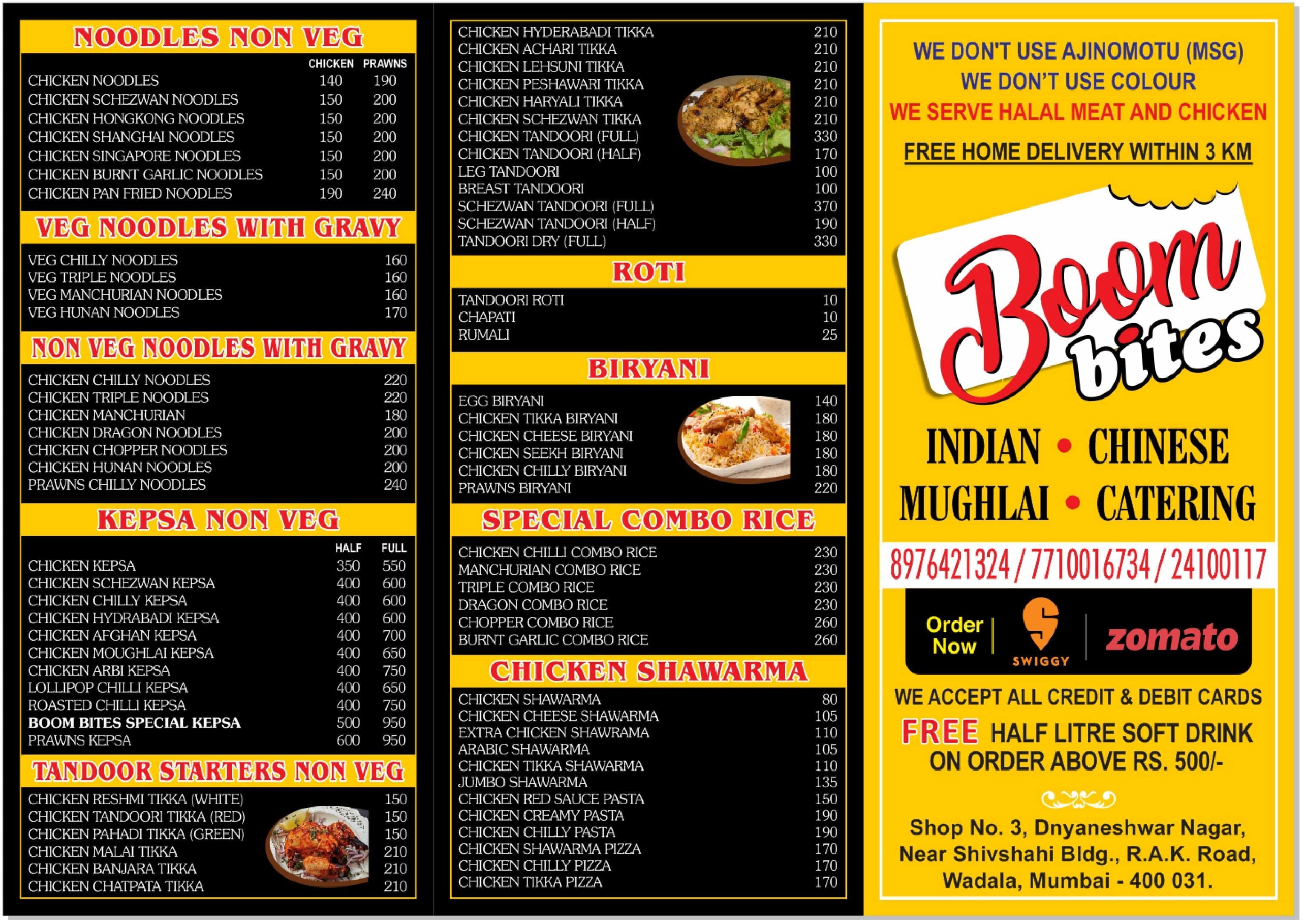 Menu of Boom Bites, Wadala, Mumbai