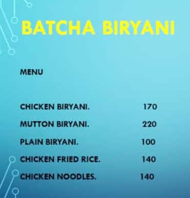 Menu of Batcha Biryani, Perambur, Chennai