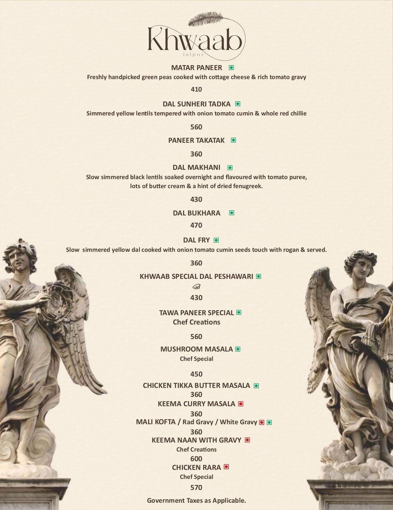 Menu of Khwaab, Bapu Nagar, Jaipur
