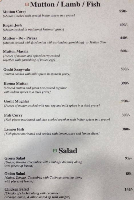 Menu at Taj Royale, Agra