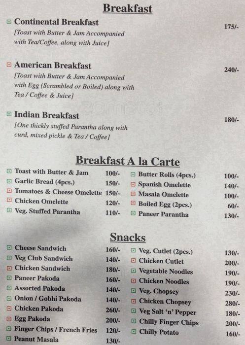 Menu at Taj Royale, Agra