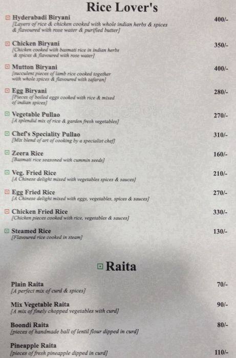 Menu at Taj Royale, Agra