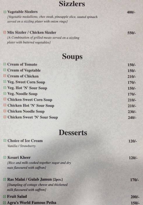 Menu at Taj Royale, Agra