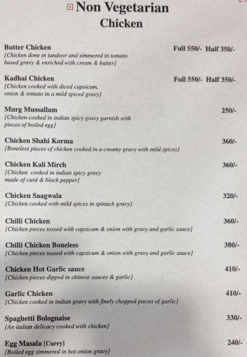 Menu at Taj Royale, Agra