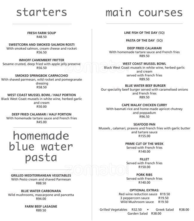 Carta de Blue Water Cafe, Ciudad del Cabo
