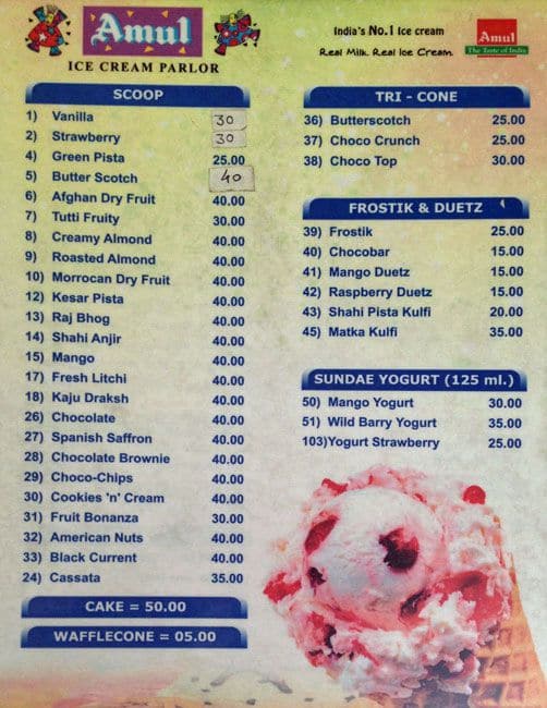 Amul Ice Cream Parlour Menu