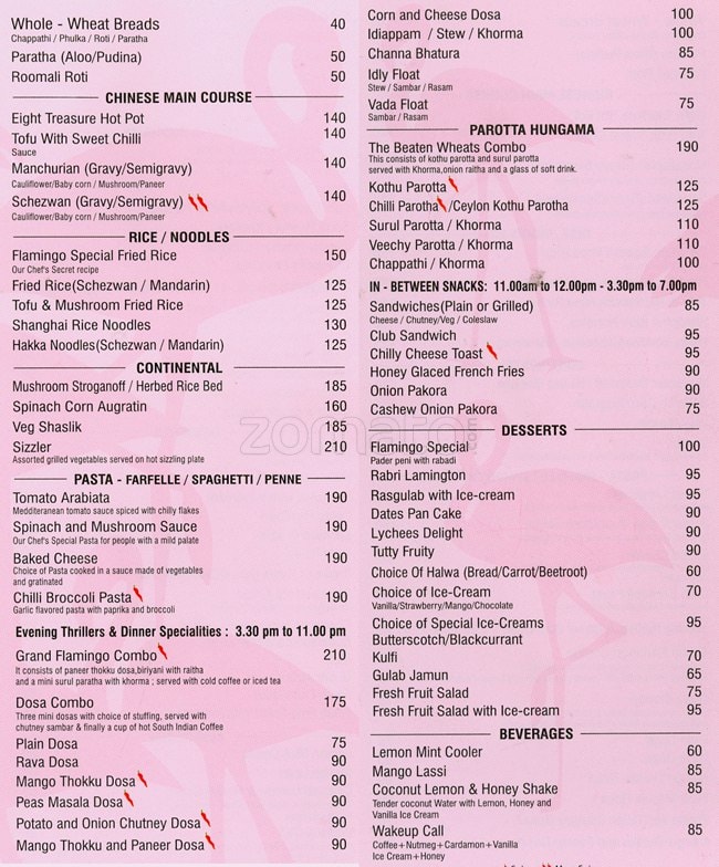 Menu at Flamingo, Chennai, Besant Nagar