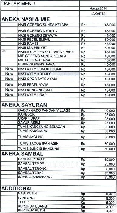 Menu at Pandan Village restaurant, Jakarta, Jl. M.H. Thamrin 30