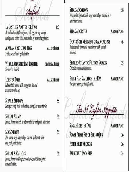 Menu at La Castile steakhouse, Mississauga