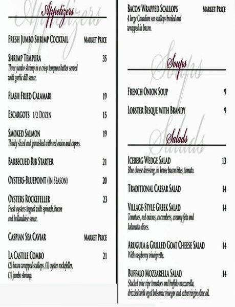 Menu at La Castile steakhouse, Mississauga