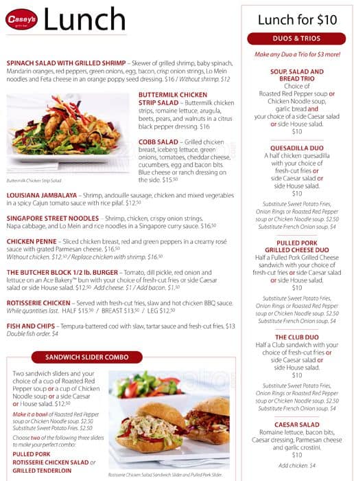 Menu at Casey's Bar & Grill, Toronto, 925 Dixon Rd