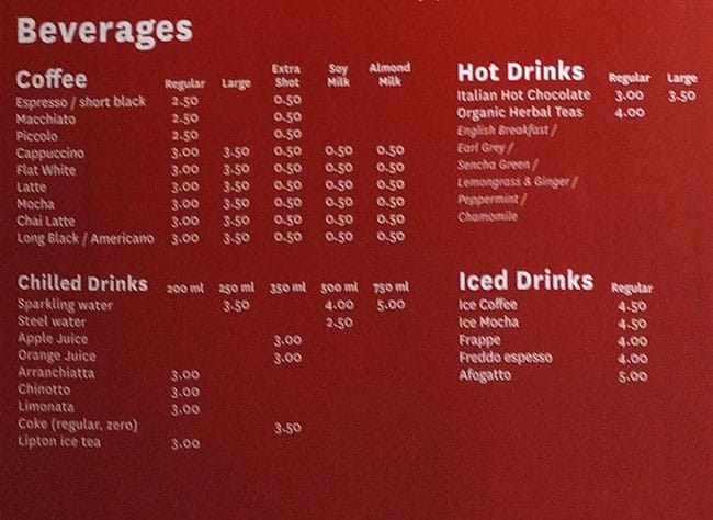 Menu at Bacino Espresso Bar, Kirribilli, 1/31 Fitzroy St