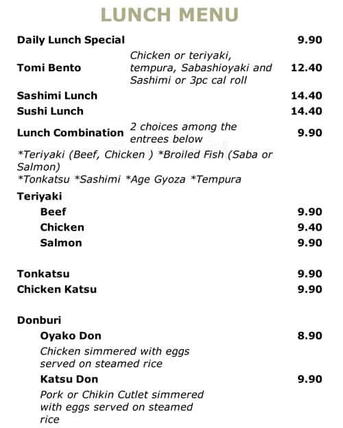 Menu at Sushi Tomi restaurant, Mountain View, 635 W Dana St