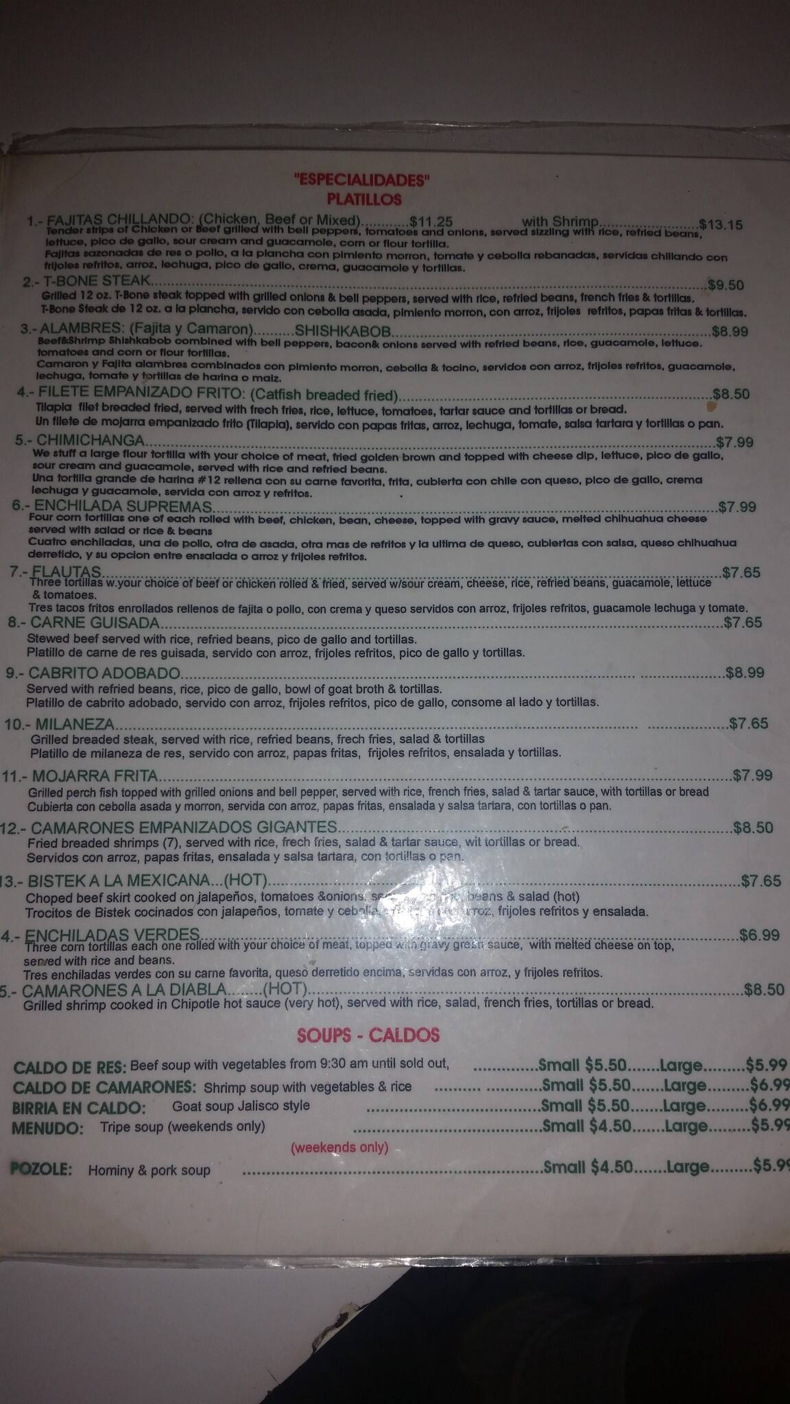 Menu at Casa de Leon restaurant, Houston, Long Point Rd