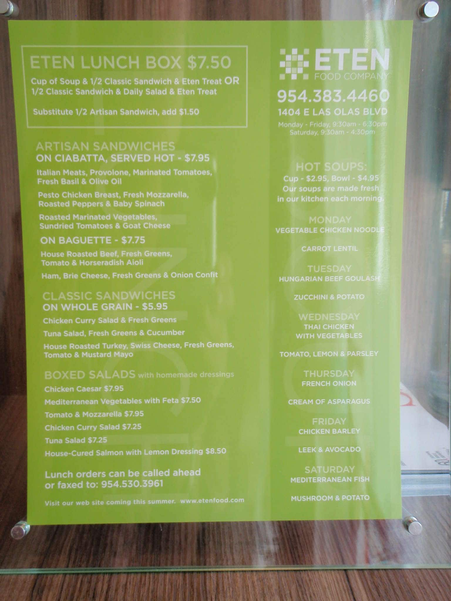 Menu at Eten cafe, Fort Lauderdale