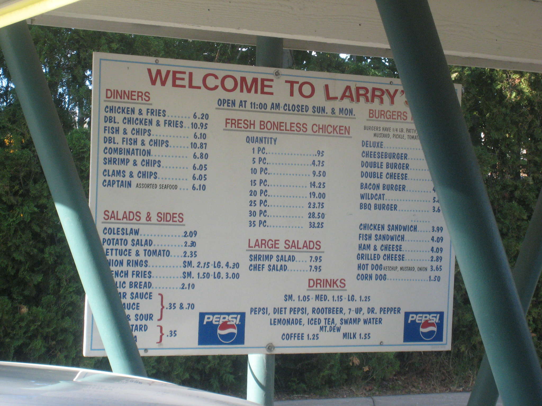 Menu at Larry's Drive in fast food, East Wenatchee