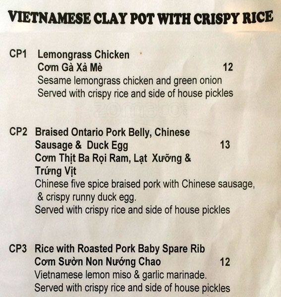Menu at Pho Real restaurant, Toronto