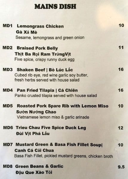 Menu at Pho Real restaurant, Toronto