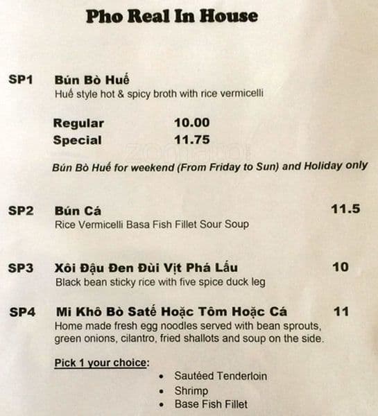 Menu at Pho Real restaurant, Toronto