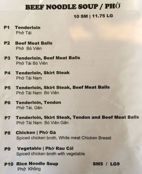 Menu at Pho Real restaurant, Toronto