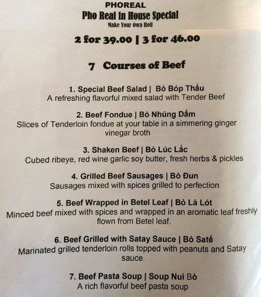 Menu at Pho Real restaurant, Toronto