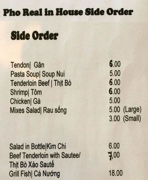 Menu at Pho Real restaurant, Toronto