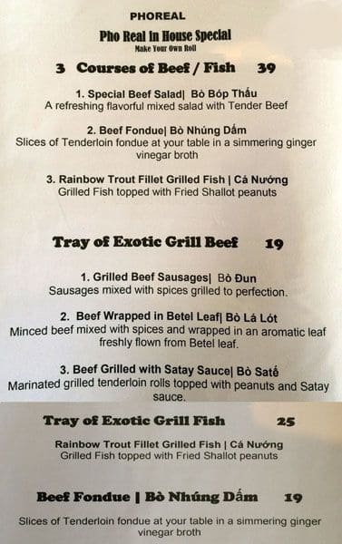 Menu at Pho Real restaurant, Toronto