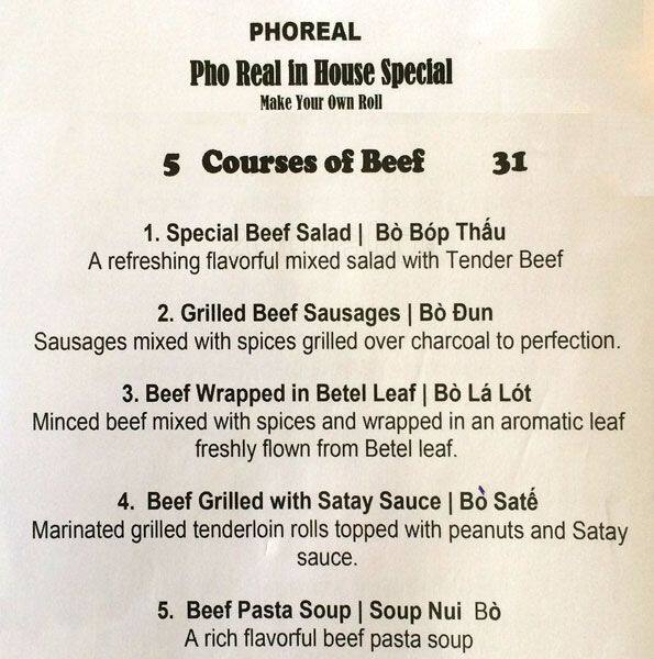 Menu at Pho Real restaurant, Toronto