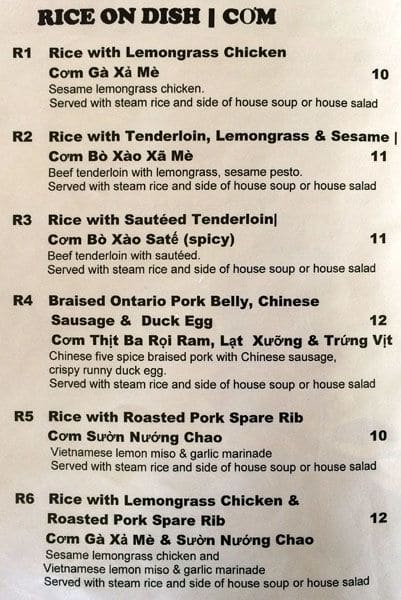 Menu at Pho Real restaurant, Toronto