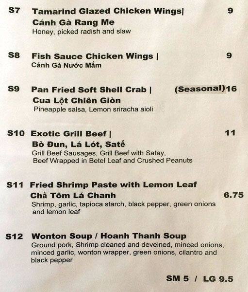 Menu at Pho Real restaurant, Toronto