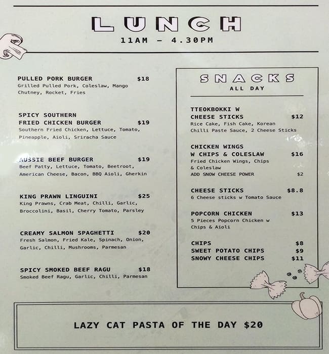 Menu at Lazy Cat cafe, Lidcombe