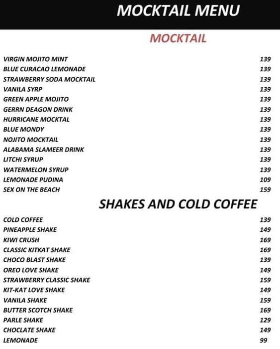 Menu of Julie Mocktail Bar, Sector 12, Gurgaon