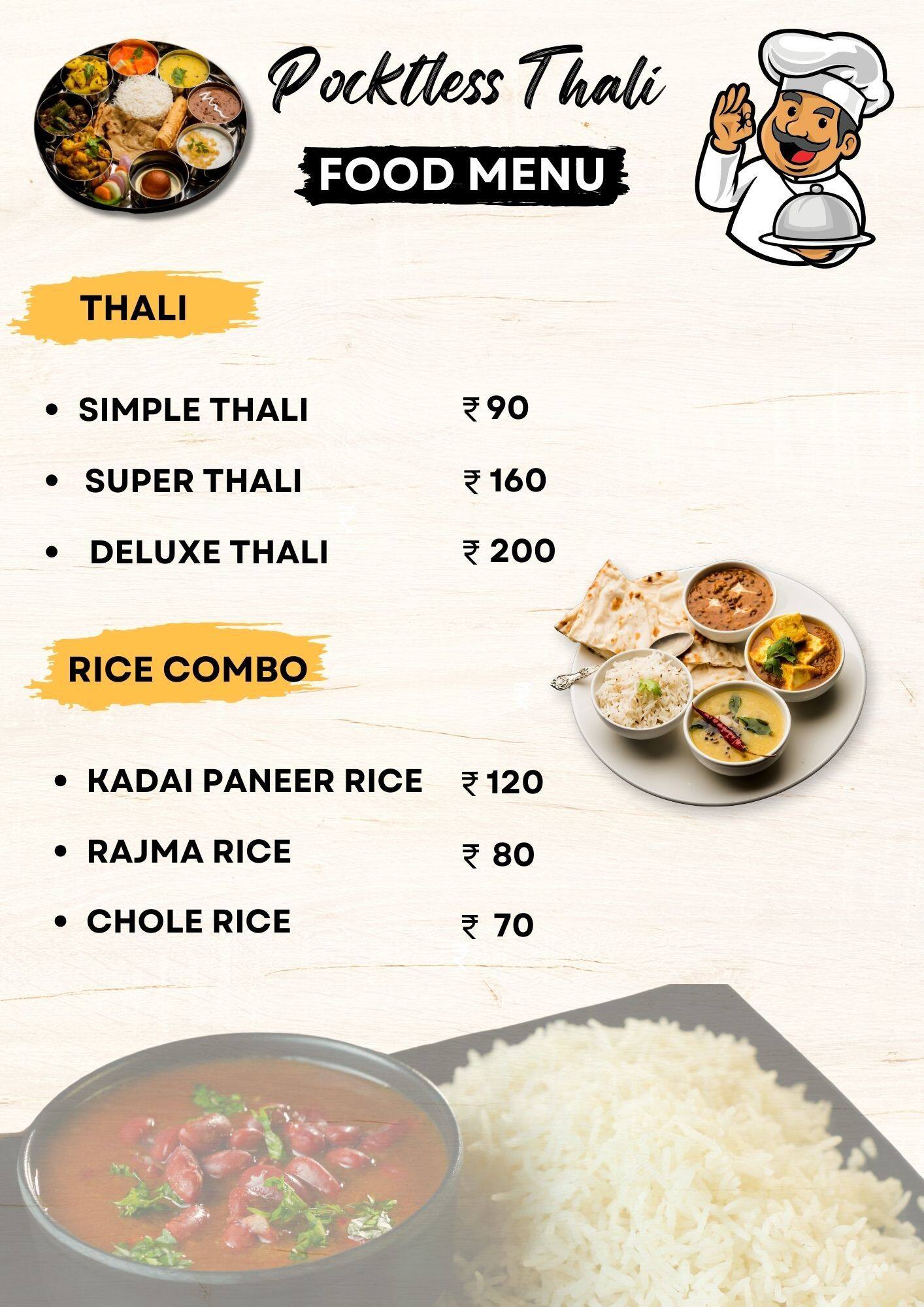 Menu of Pocketless Thali, Sector 65, Noida