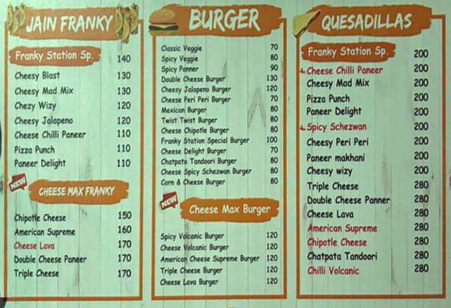 Menu of Franky Station, Infocity, Gandhinagar