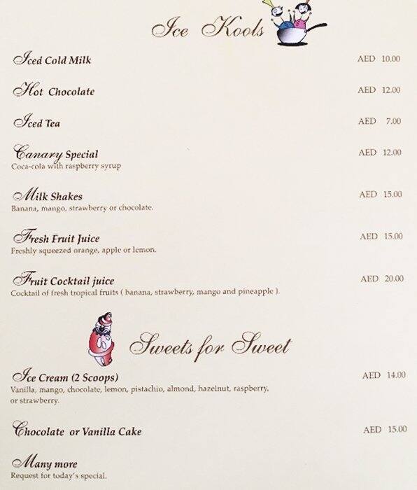 Menu at Canary Restaurant, Sharjah, 89V9+X35 - Al Mina Road