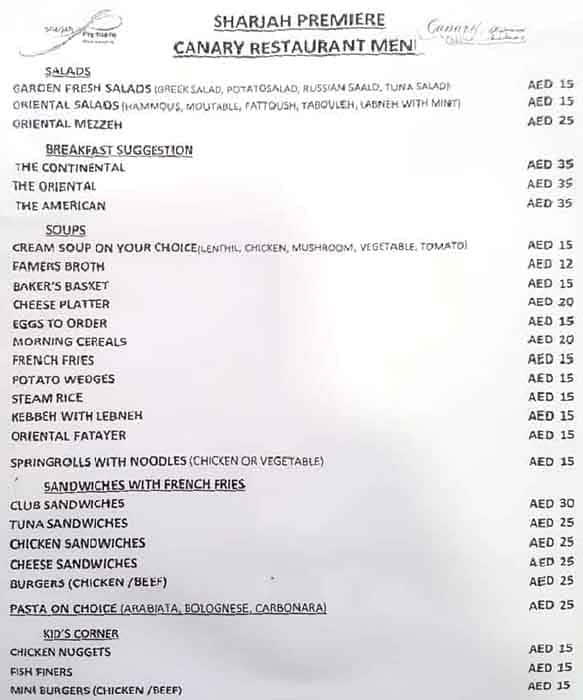 Menu at Canary Restaurant, Sharjah, 89V9+X35 - Al Mina Road