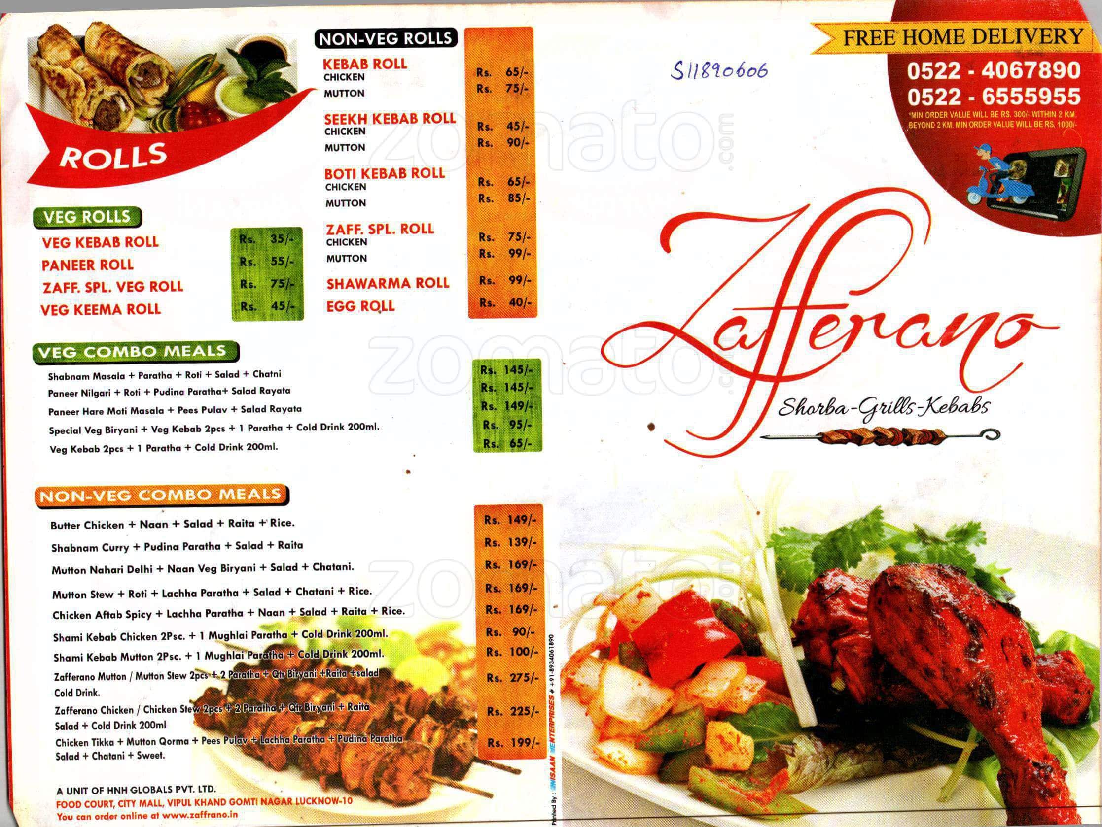 Menu at Zafferano, Lucknow, RXWP+GX6