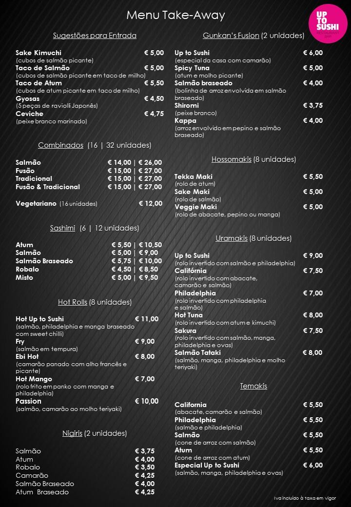 Menu at Up To Sushi restaurant, Lisbon