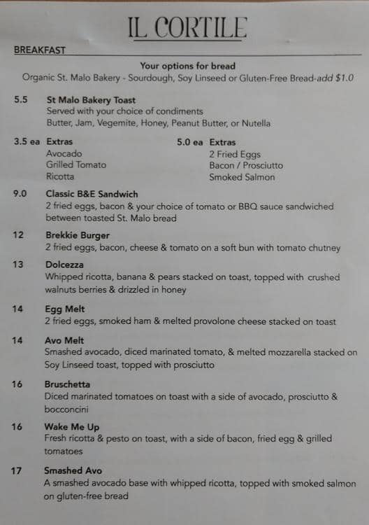 Menu at Cortile restaurant, Glebe