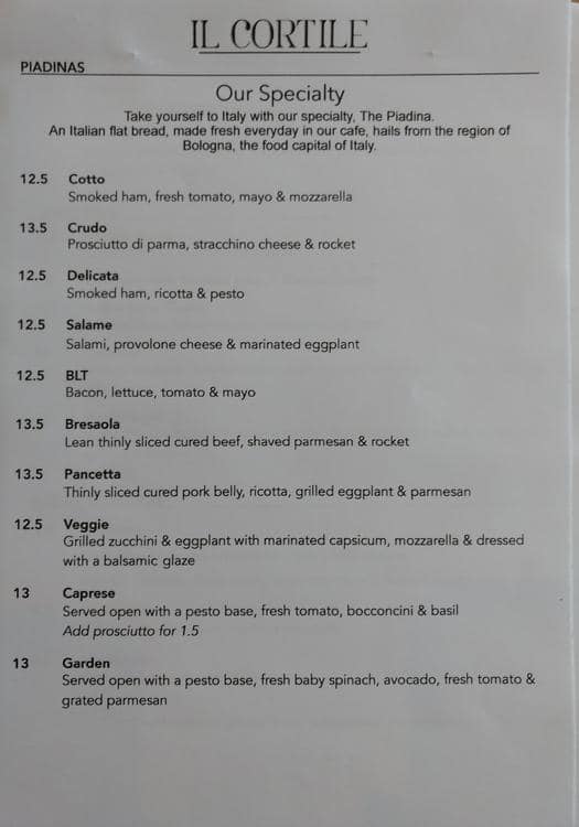 Menu at Cortile restaurant, Glebe