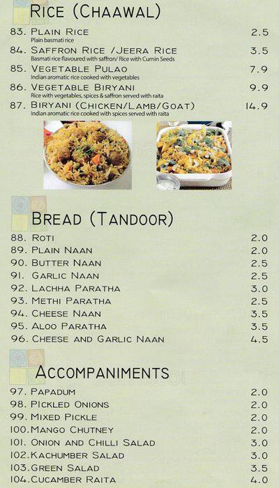 Menu at Indus Village restaurant, Blacktown